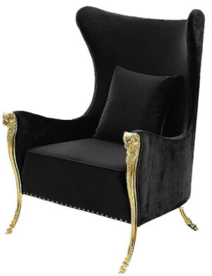 Regal Black Velvet Gold Studded Wing Chair - Avant Garde Furniture