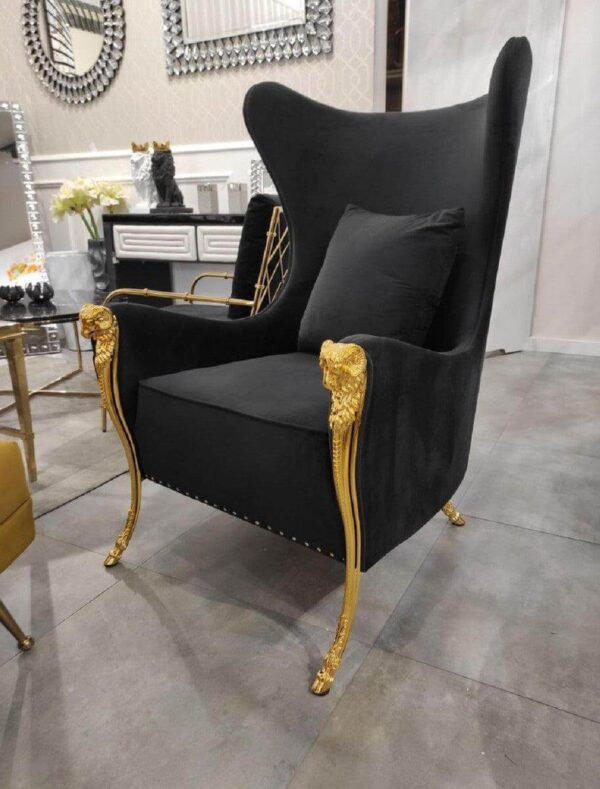 Regal Black Velvet Gold Studded Wing Chair - Avant Garde Furniture