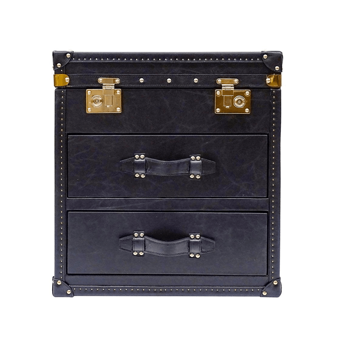 Seville Black Leather Brass Trunk Sidetable - Avant Garde Furniture